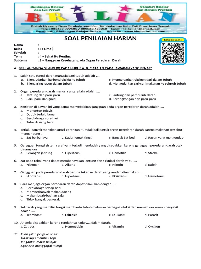 Soal Tematik Kelas 5 SD Tema 4 Subtema 2 Gangguan Kesehatan Pada Organ Peredaran Darah Dan Kunci ...