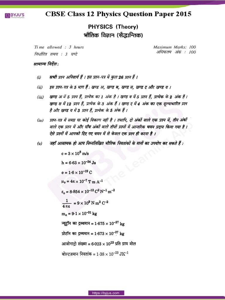 CBSE Class 12 Question Paper 2015 Physics Set 2 | PDF | Refractive ...