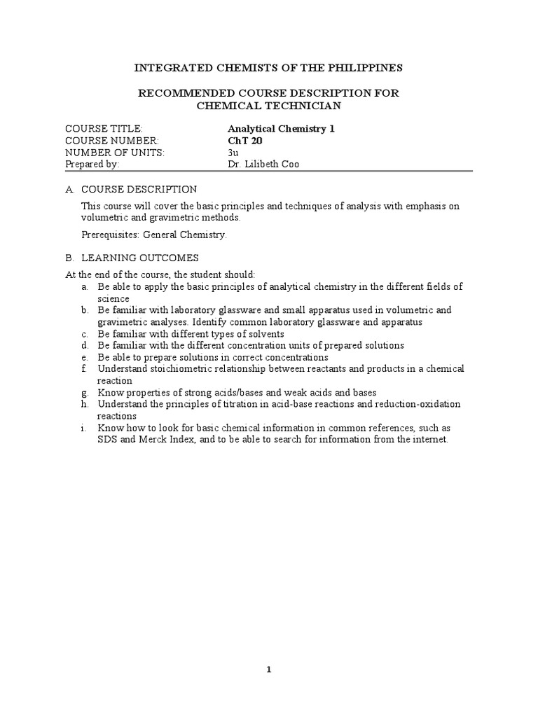 Course Description-ChT 20 Analytical Chem1 Final | PDF | Titration | Chemistry