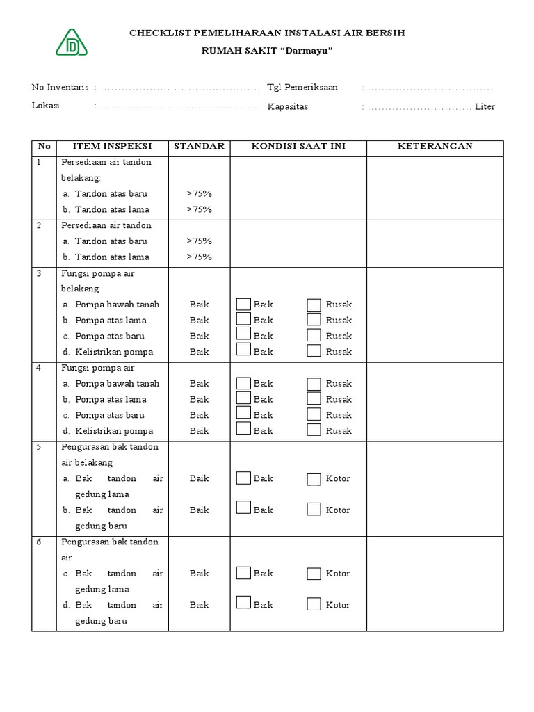 CHECKLIST Pemeliharaan Air Bersih | PDF