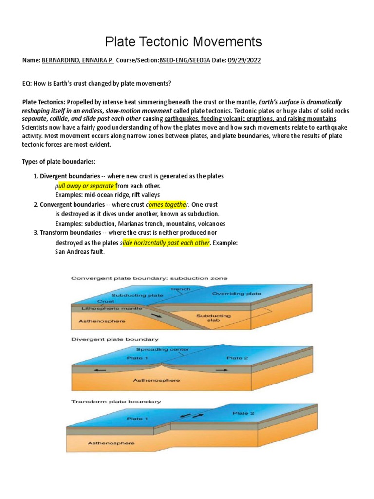 Plate Tectonic Movements WS | PDF | Plate Tectonics | Volcano