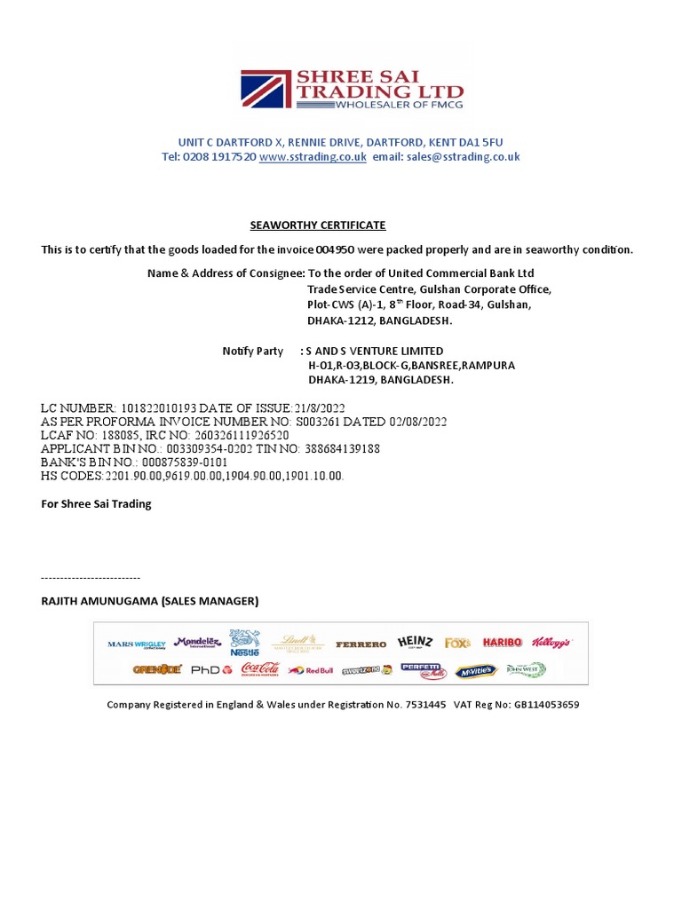 Sea Worthy Certificate | PDF