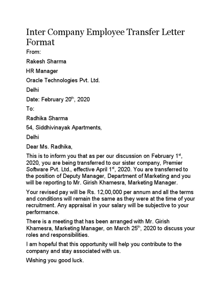 Inter Company Employee Transfer Letter Format | PDF