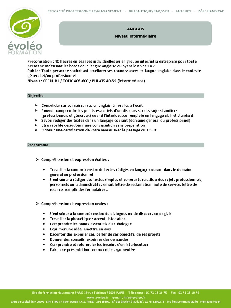 Cours d'anglais B1 : Programme et Objectifs | PDF | Langue anglaise ...