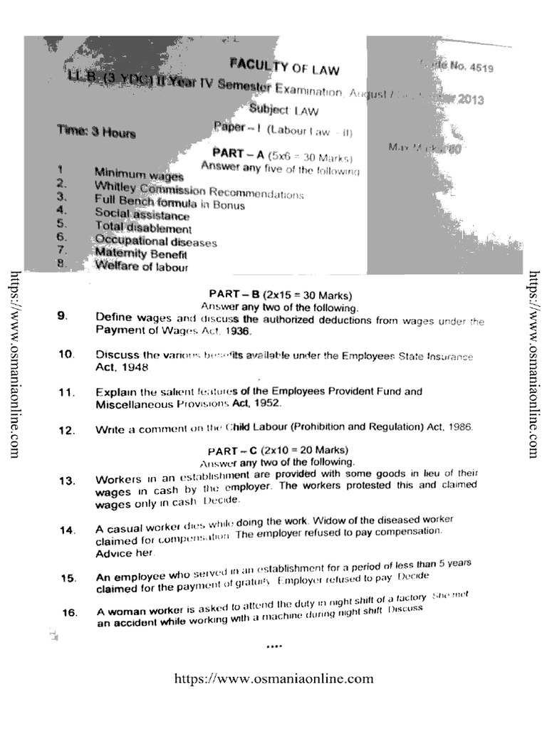 Question Paper Labour Law 1 | PDF