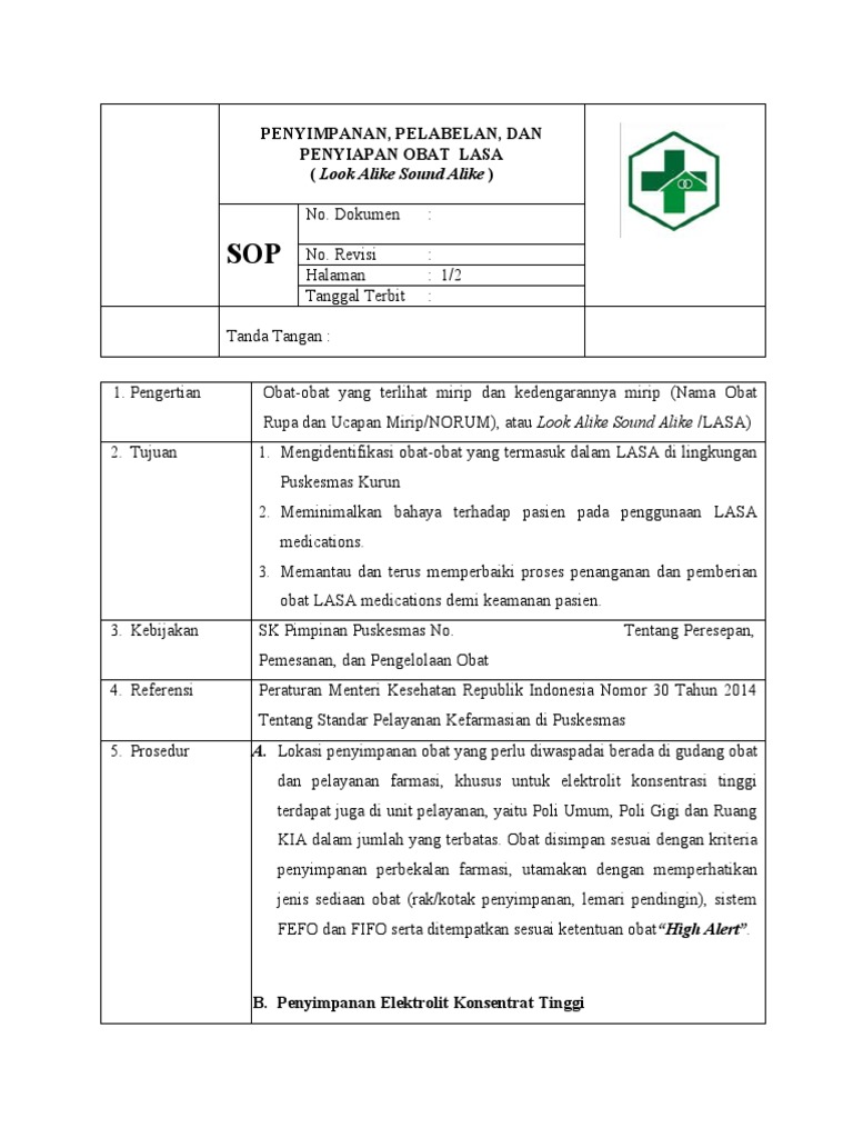 SOP Penyimpanan Obat LASA Puskesmas | PDF