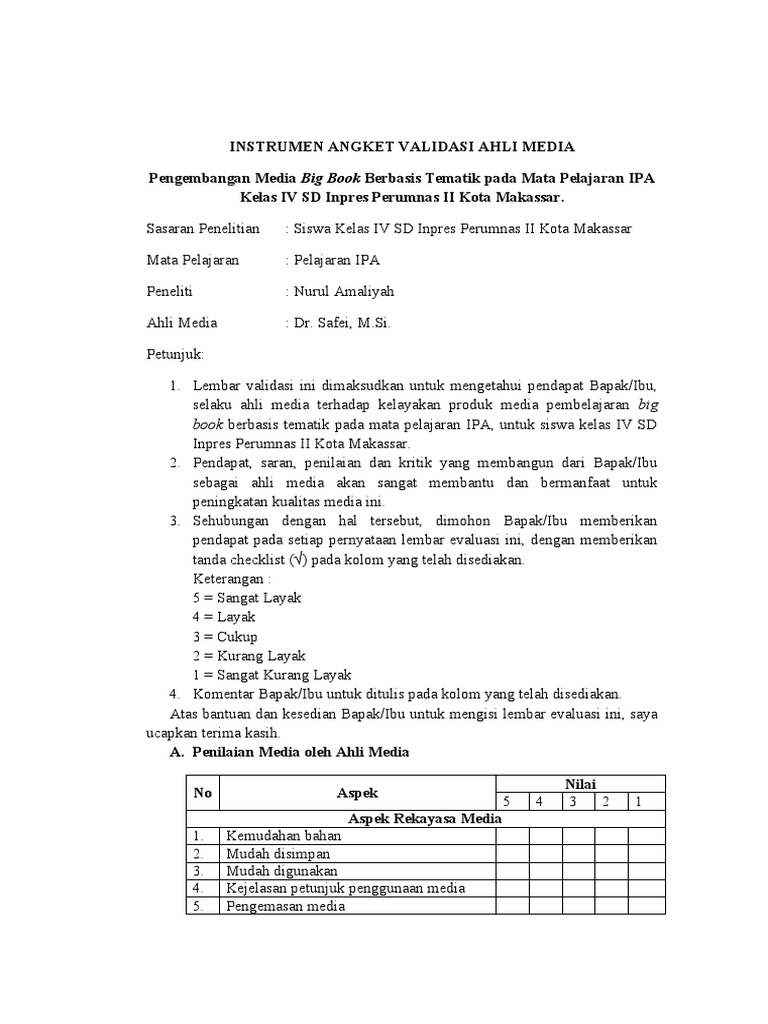 P. 2 Instrumen Angket Validasi Ahli Media | PDF