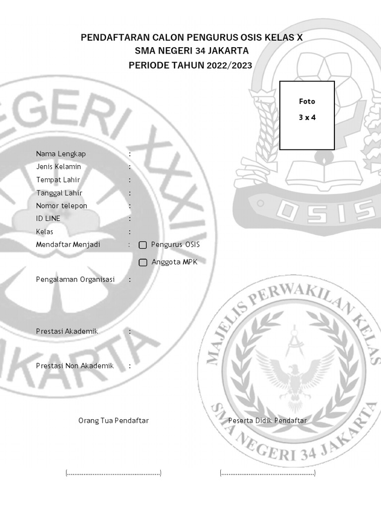 Form Pendaftaran & Surat Persetujuan Ortu Calon Pengurus OSIS | PDF