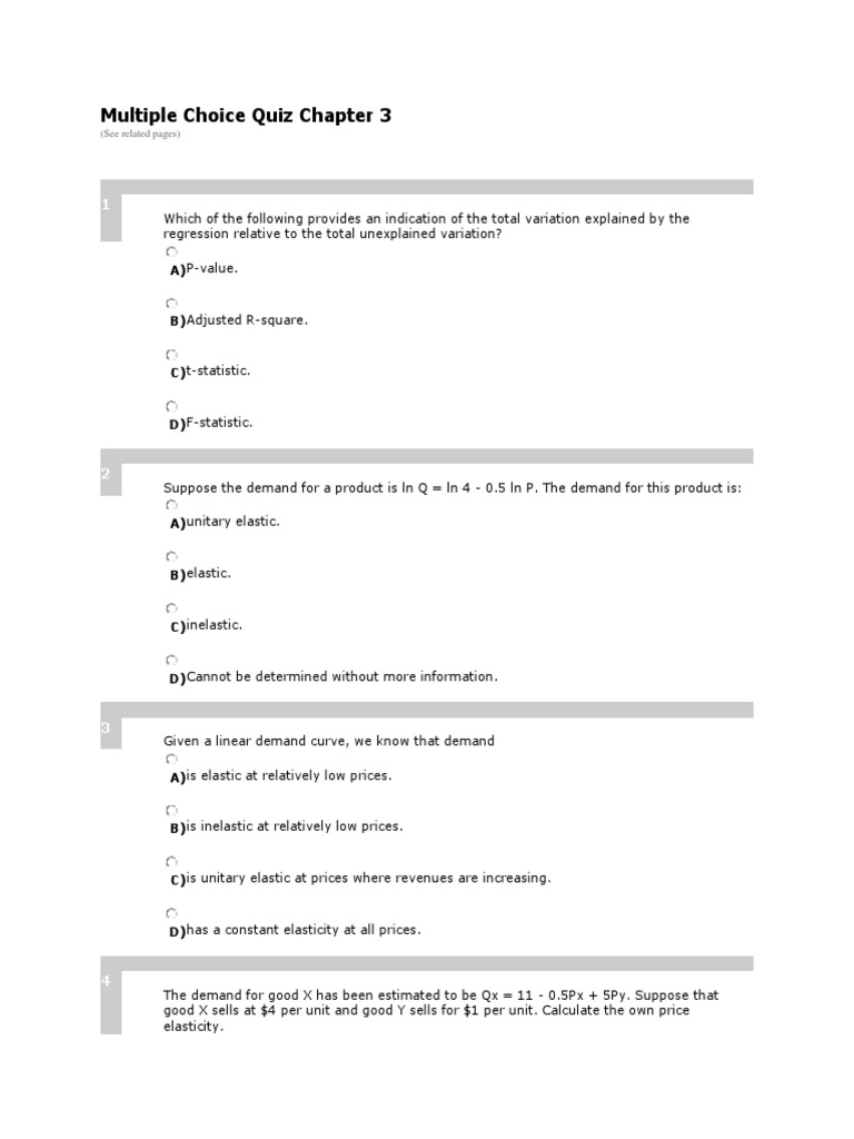 Multiple Choice Quiz Chapter 3 4 | PDF | Elasticity (Economics) | Price Elasticity Of Demand