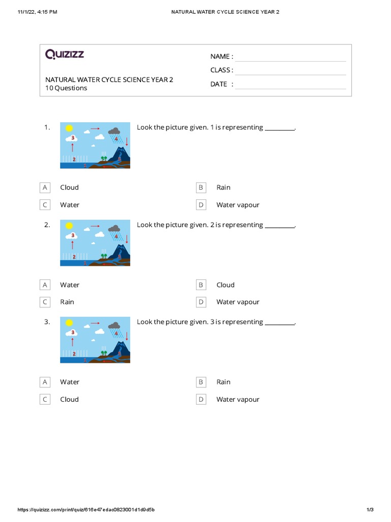 Natural Water Cycle Quiz for Year 2 | PDF | Water Cycle | Water