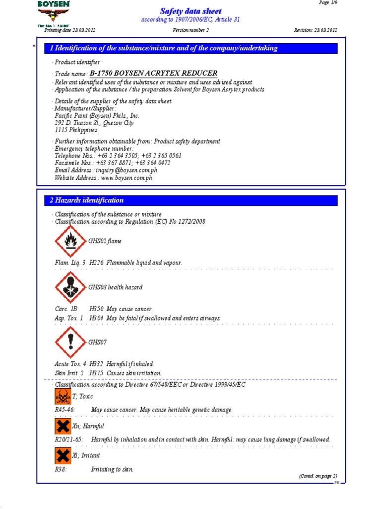 Boysen Acrytex Reducer B-1750 Safety Data | PDF | Dangerous Goods ...