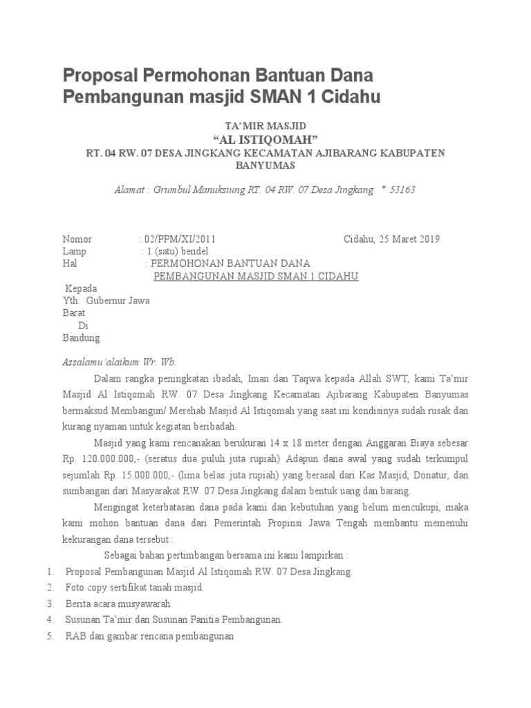 Proposal Permohonan Bantuan Dana Pembangunan Masjid | PDF