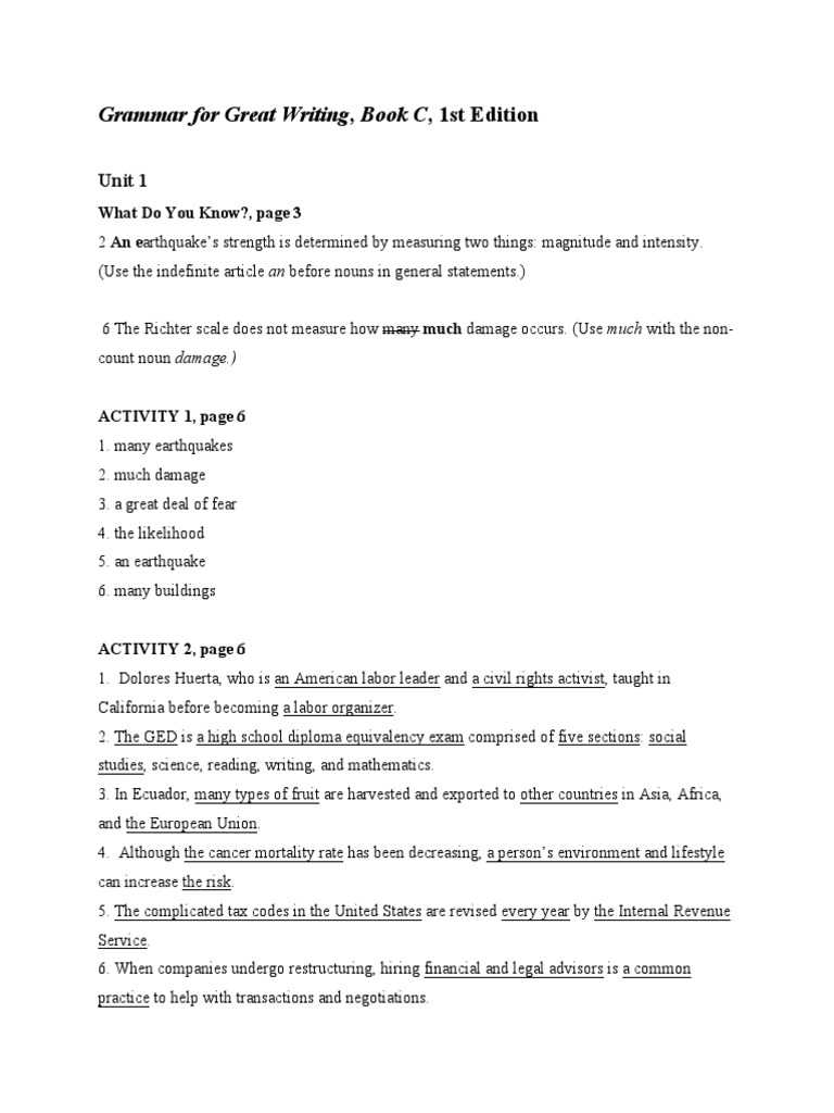 Grammar For Great Writing Answer Key C | PDF