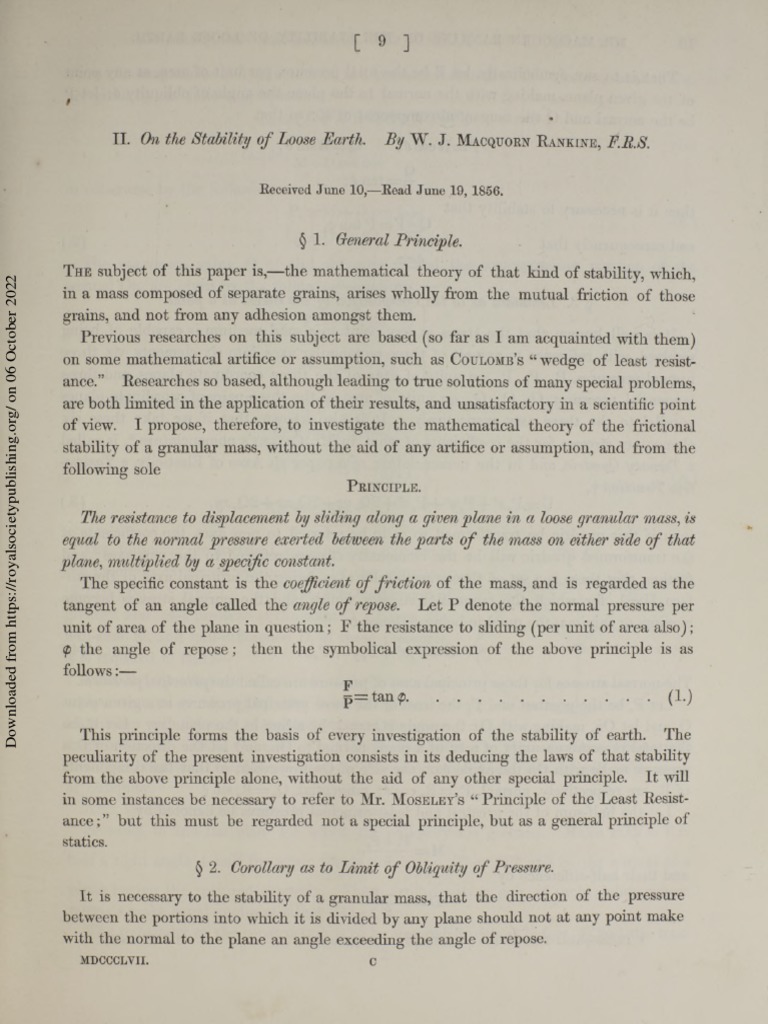 Rankine 1856 - Stability of Loose Earth Rstl.1857.0003 | PDF | Plane ...