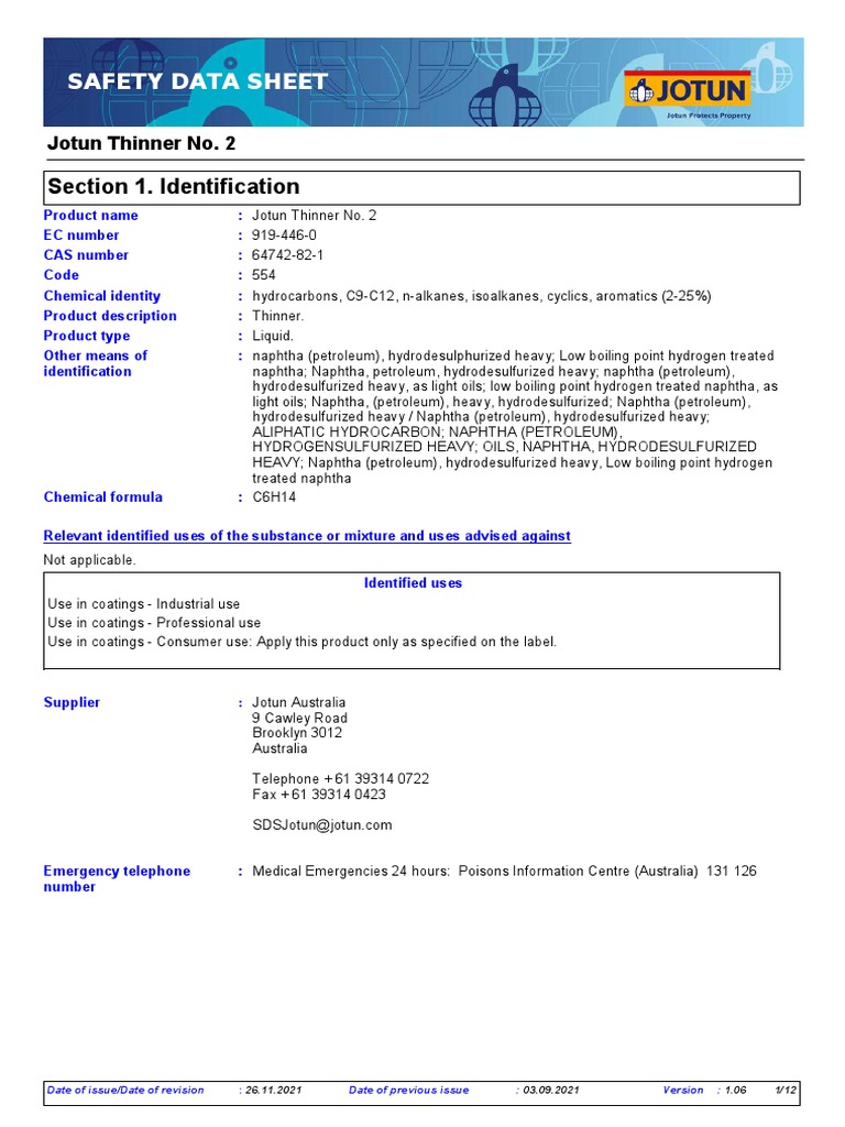 Sds Jotun Thinner No 2 Pdf Dangerous Goods Toxicity