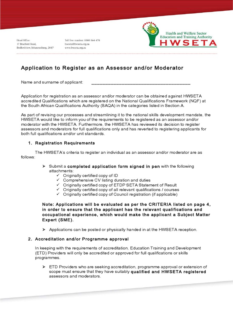 HWSETA Assessor/Moderator Registration Guide | PDF | Occupational ...