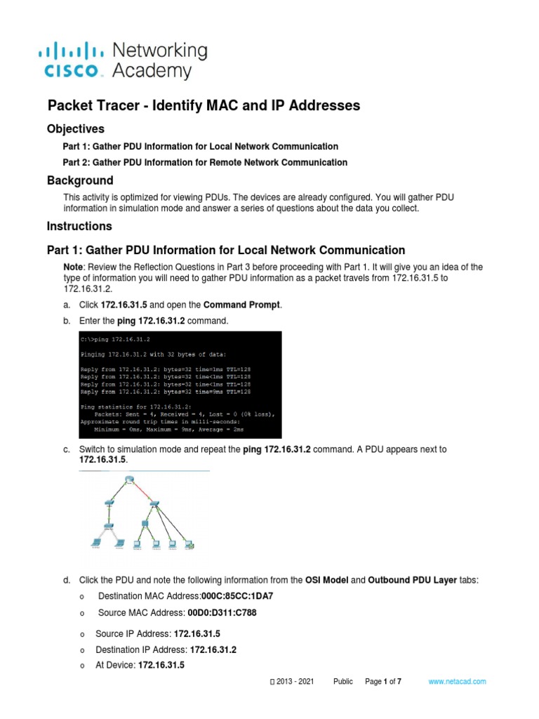 9.1.3 Packet Tracer - Identify MAC and IP Addresses | PDF | Computer Network | Ip Address
