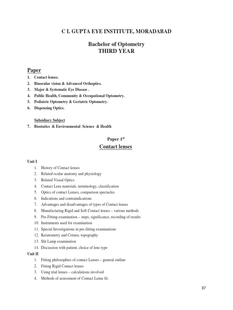 Bachelor of Optometry Third Year Syllabus | PDF | Contact Lens | Human Eye