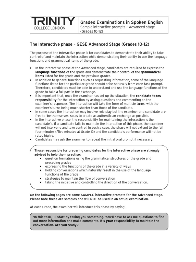 GESE Sample Advanced Interactive Prompts (Grades 10-12) | PDF