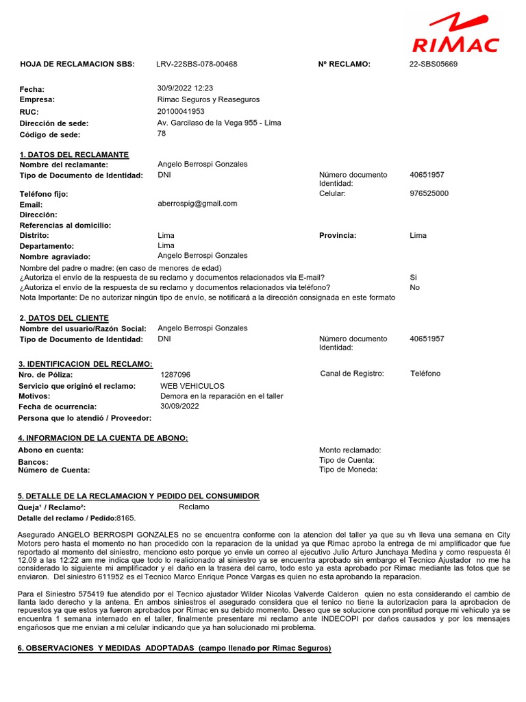 Reclamo por demora en reparación de vehículo siniestrado en taller asignado | PDF | Seguro ...