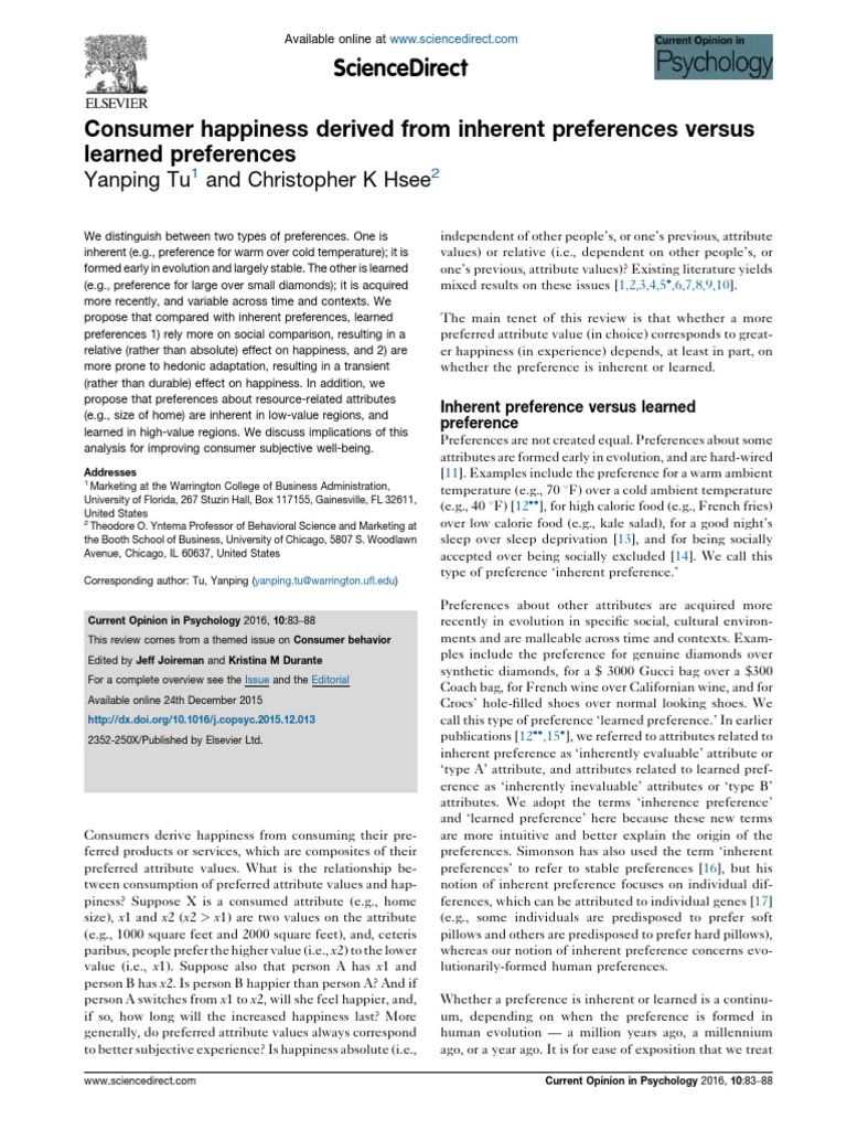 Consumer Happiness Derived From Inherent Preferences Versus Learned ...