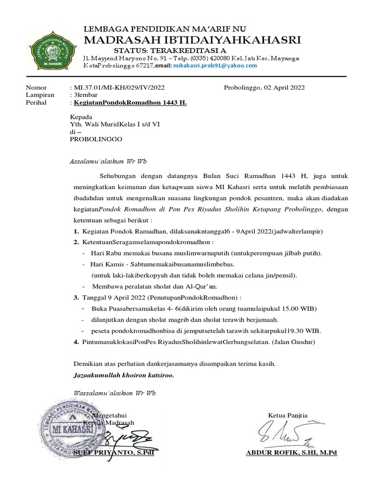 Surat Kegiatan Pondok Romadhon 1443H. | PDF