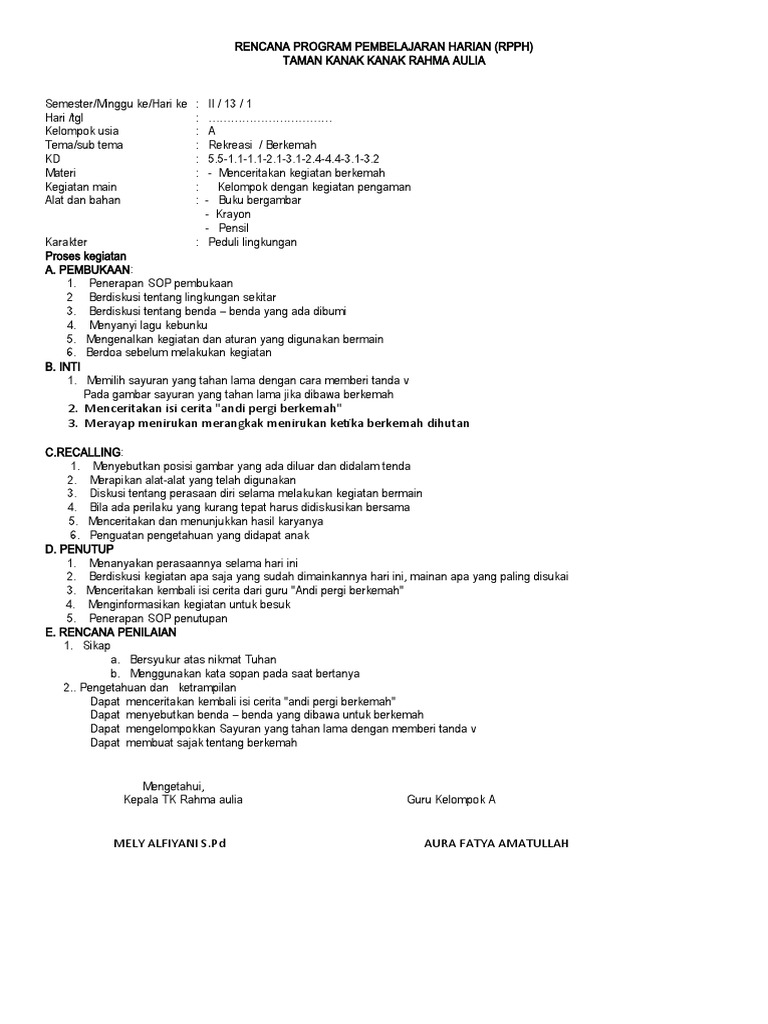 RPPH Tema Alam Semesta Usia 4-5 Tahun Semester Ii | PDF | Seni ...