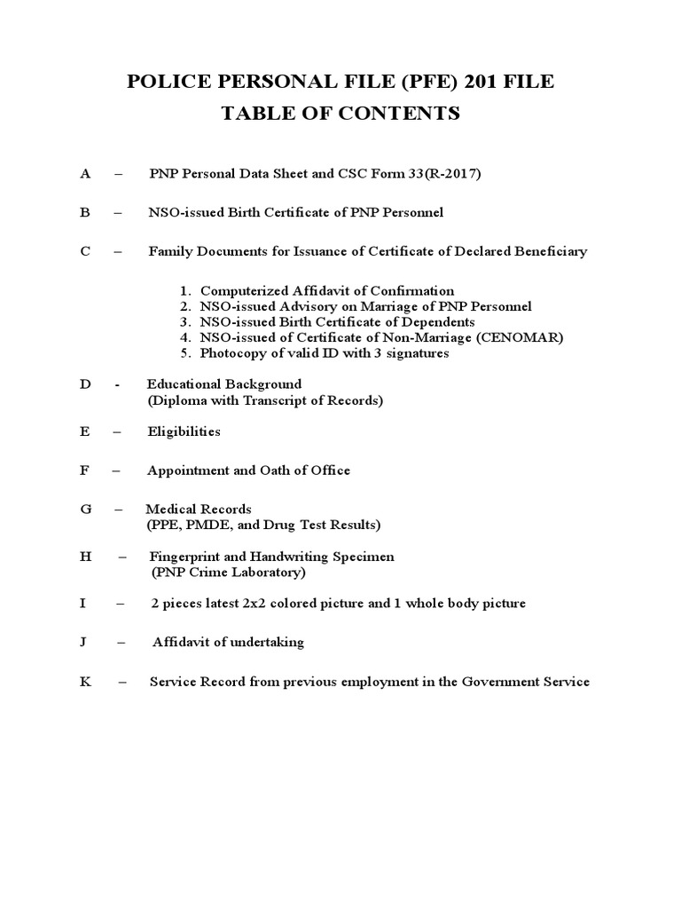 PNP 201 File Table of Contents | PDF