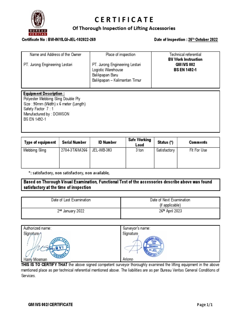 Lifting Equipment Inspection Certificate | PDF