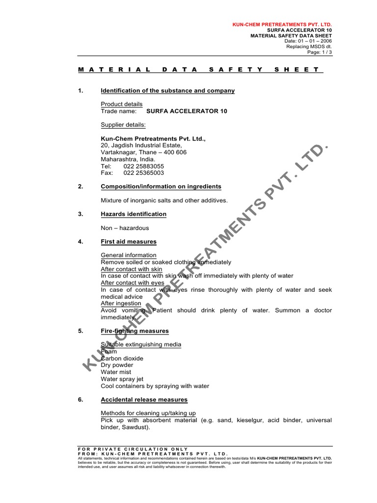 Material Safety Data Sheet Surfa Accelerator 10 (Long) | PDF | Water ...