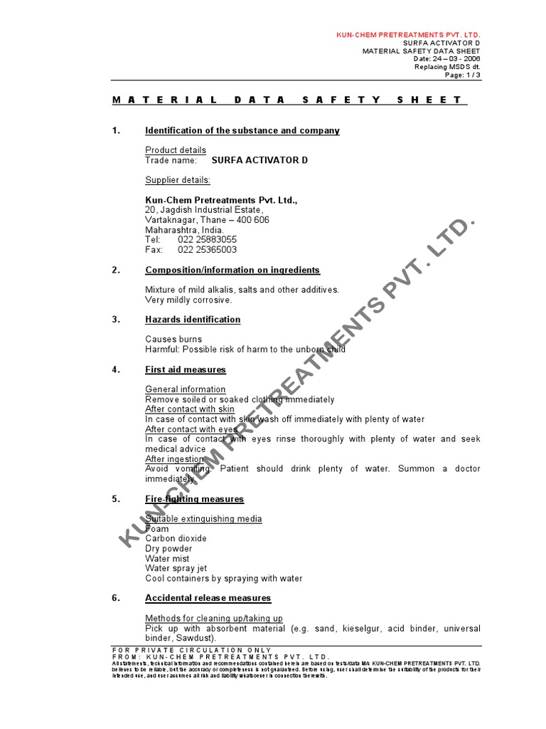 Material Safety Data Sheet Surfa Activator D (Long) | PDF | Water ...