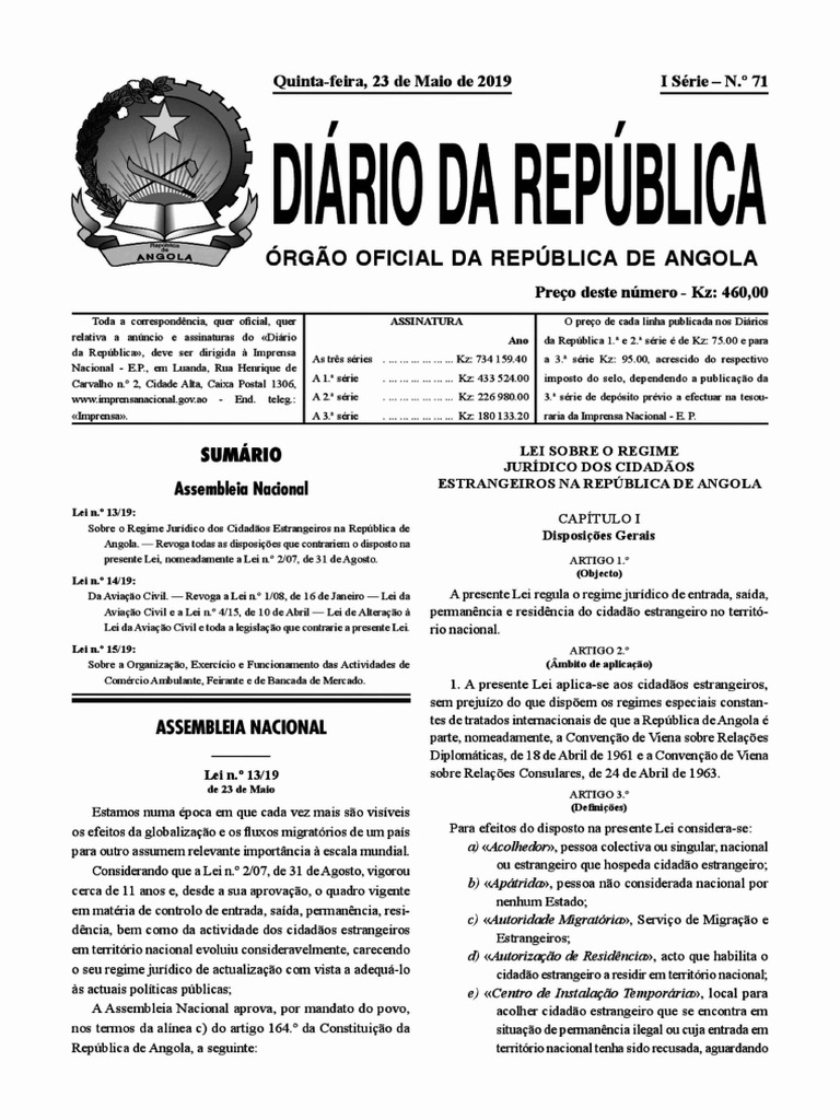 Lei N.º 13 - 19, de 23 de Maio - Sobre o Regime Jdco Dos Cidadãos ...