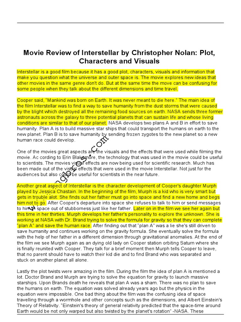 Movie Review of Interstellar by Christopher Nolan Plot Characters and Visuals | PDF | Theory Of ...