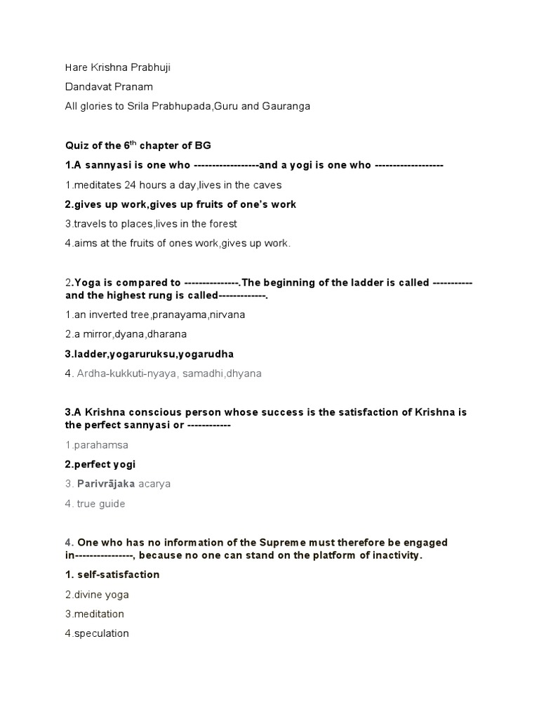 Quiz BG Chapter 6 | PDF | Yoga | Meditation