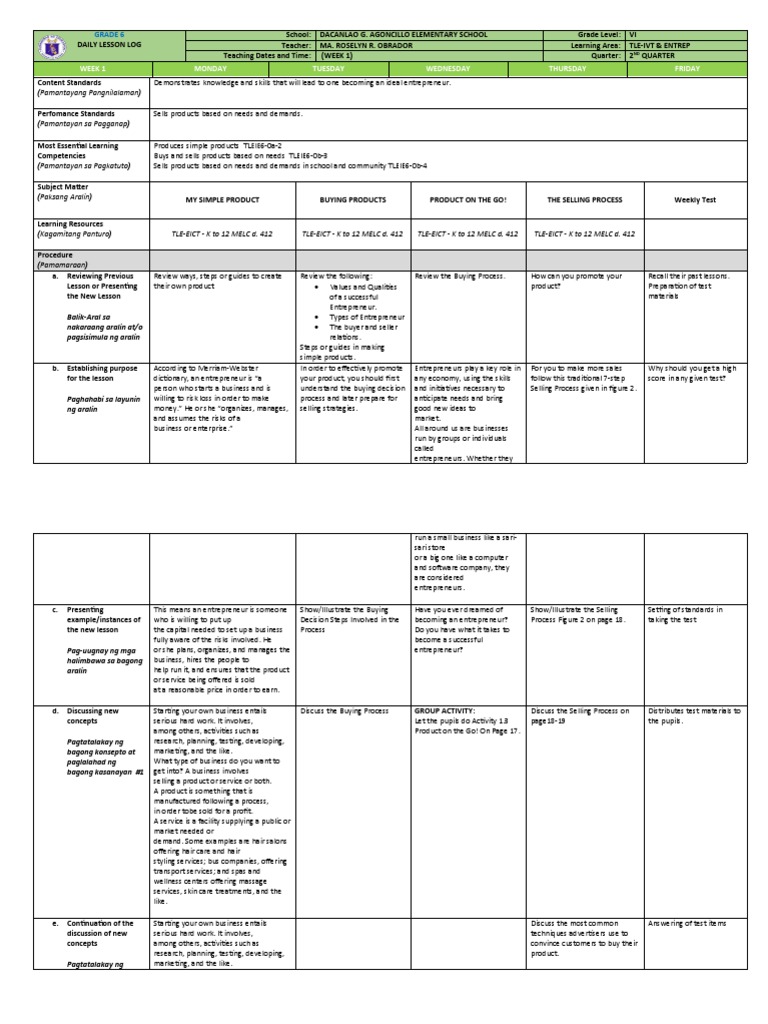 DLL Tle-Ict6 Week 1 | PDF | Sales | Goods
