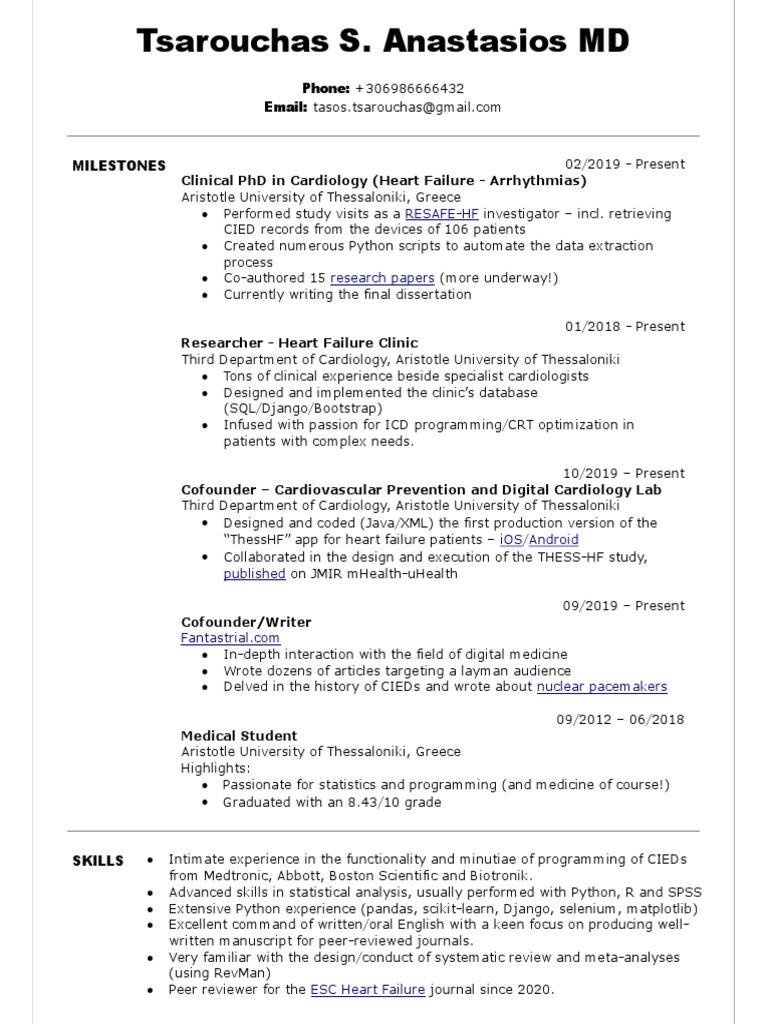 Tsarouchas Anastasios Resume | PDF | Cardiology | Peer Review