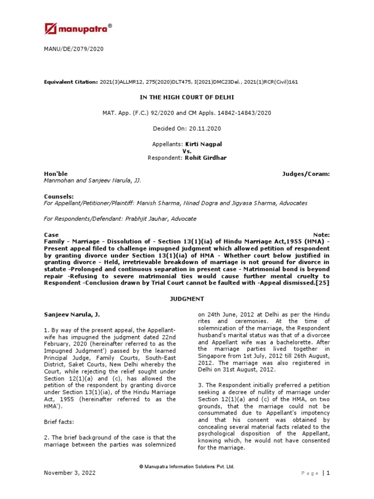 Divorce Appeal: Kirti Nagpal vs. Rohit Girdhar | PDF | Divorce | Marriage