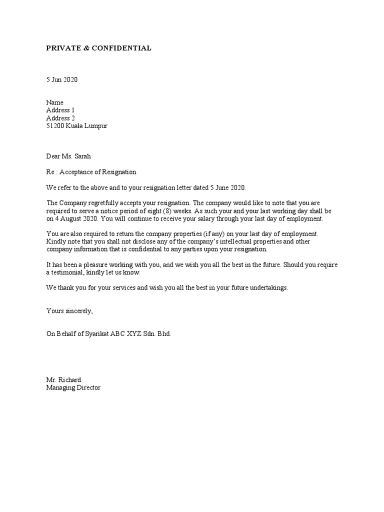 Sample Letter - Acceptance of Resignation (Full Notice Period Served) | PDF