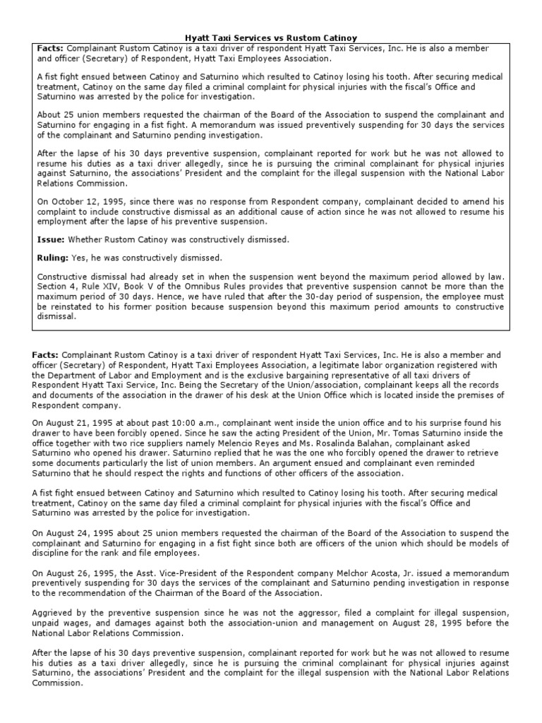 Hyatt Taxi Services Vs Rustom Catinoy | PDF | Complaint | Employment