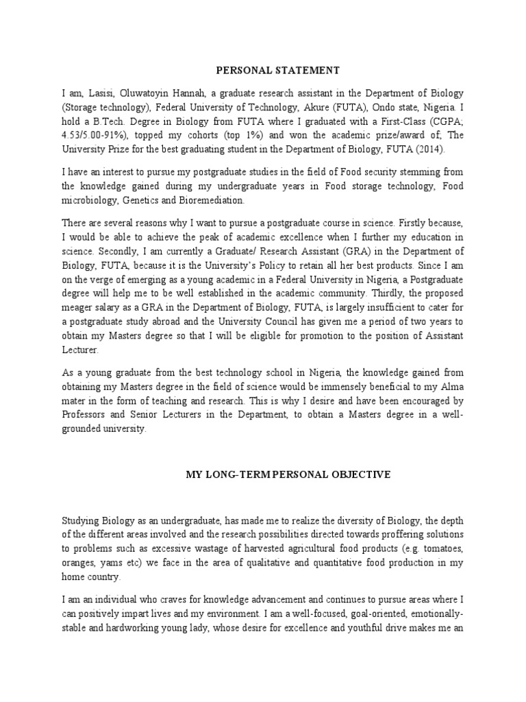Lasisi Personal Statement | PDF | Postgraduate Education | Academic Degree