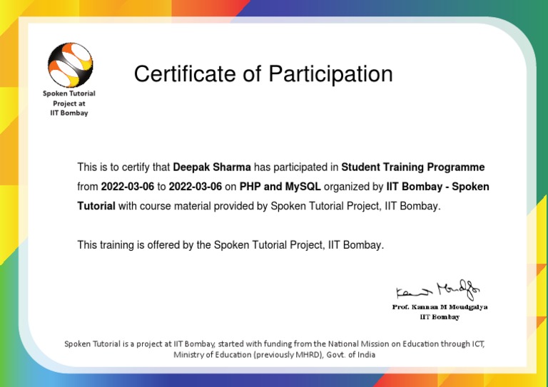 Deepak Sharma PHP and MySQL Participant Certificate | PDF | Business | Computers