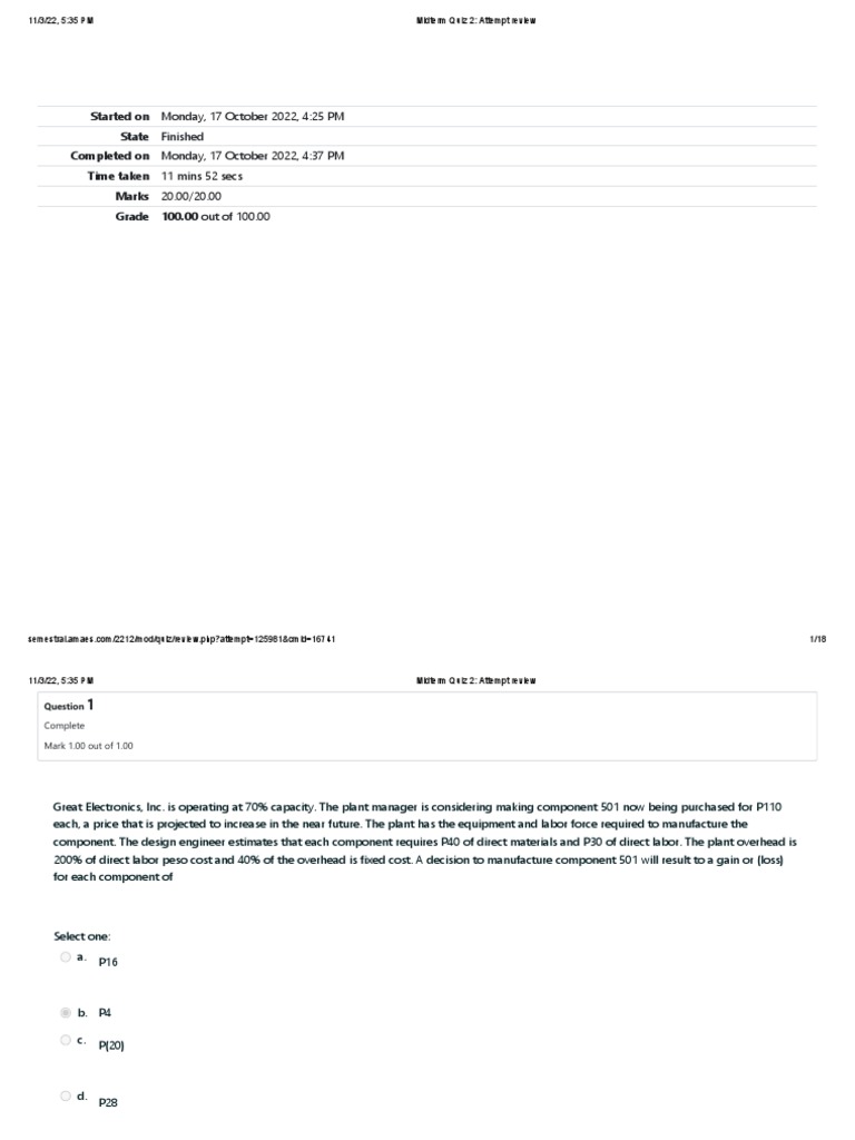 Midterm Quiz 2 - Attempt Review | PDF | Cost | Return On Investment