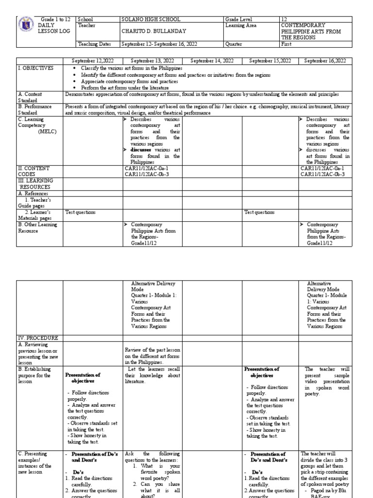 Cpar DLL - Week 4 | PDF | Learning | Teachers