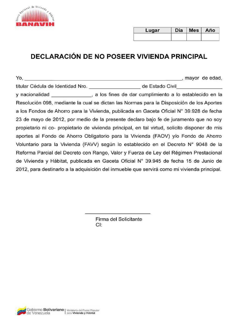 Formato de Declaracion de No Poseer Vivienda Principal | PDF