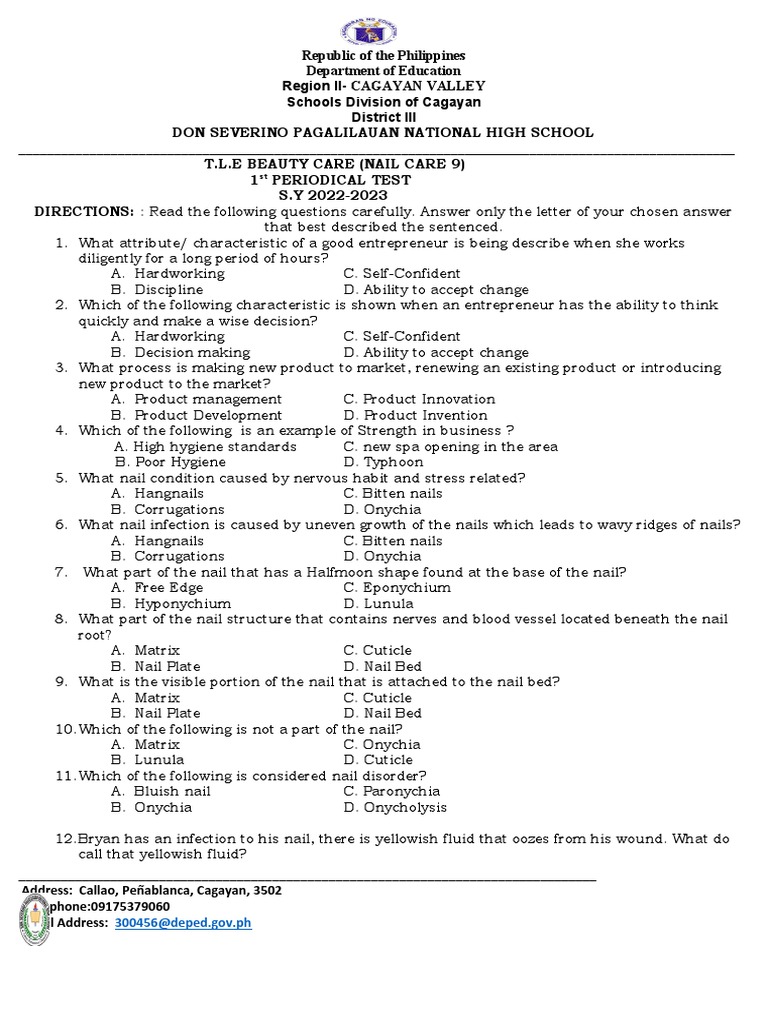 TLE Nail Care Periodical Test 2022-2023 | PDF | Nail (Anatomy) | Massage