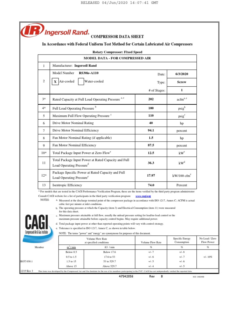 Compressor Data Sheet Providing Technical Specifications and ...