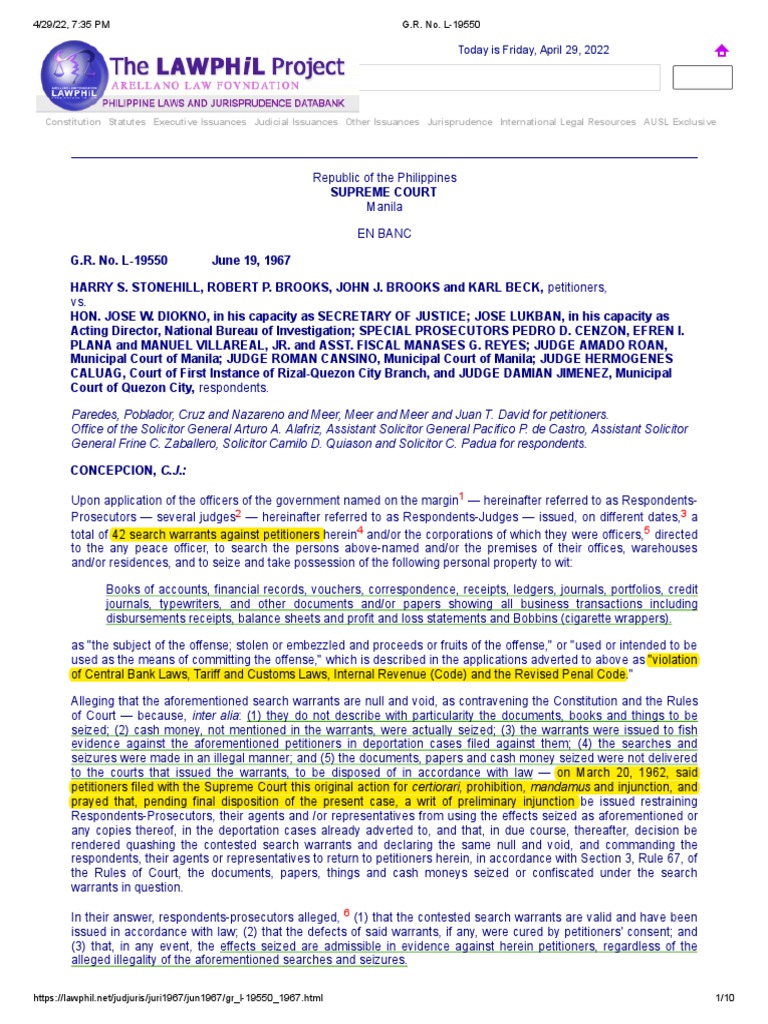 G.R. No. L-19550 - Stonehill Vs Diokno | PDF | Search And Seizure ...