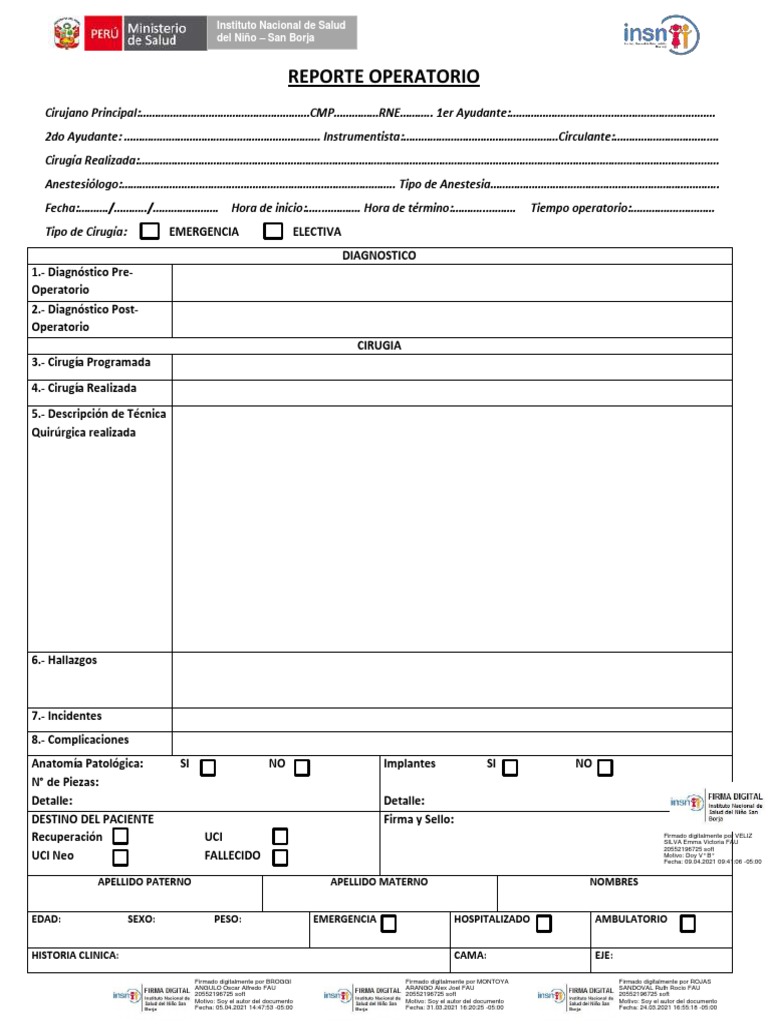 RD #000109-2021-DG-INSNSB Reporte Operatorio | PDF