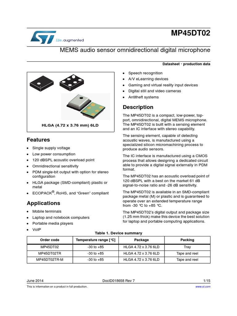 MP45DT02 STMicroelectronics | PDF