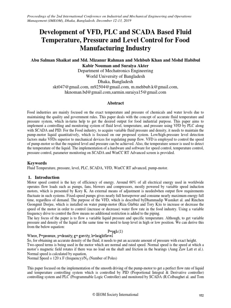 Development of VFD, PLC and SCADA Based Fluid Temperature, Pressure and Level Control For Food ...